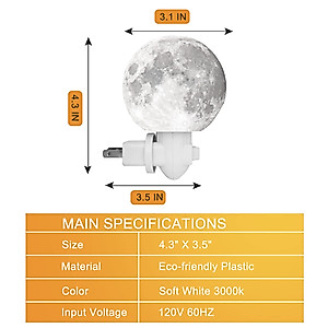 PEAKEDNESS Moon Plug-in LED Night Light, 3D Galaxy Moon Night Lights for Kids, 360° Rotating Plug, Cool White Moon Wall Light Nightlight Decor for Children, Nursery, Bedroom, Bathroom