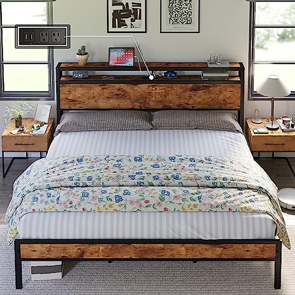 AMERLIFE King Size Bed Frame Industrial Platform Bed with Charging Station, 2-Tier Storage Headboard/No Box Spring Needed/Noise-Free/Dark Brown