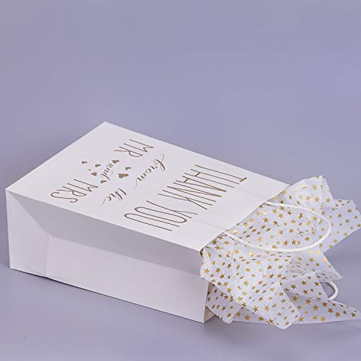 LaRibbons Medium Size Gift Bags - Gold Foil Mr. and Mrs. Thank You White Paper Bags with Handles for Wedding, Bridal Shower, Birthday, Baby Shower, Party Favors - 25 Pack - 8" x 4" x 10"