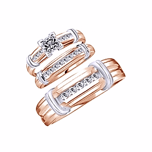 Jewel Zone US White Cubic Zirconia Engagement & Wedding Trio Band Ring Set in 10k Solid Gold (1 Cttw)