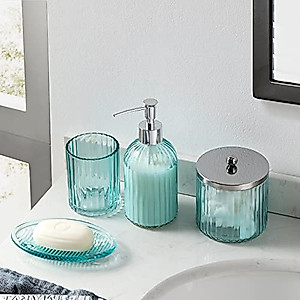 4PCs Heavy Weight Decent Glass Bathroom Accessories Set with Decorative Pressed Pattern - Includes Hand Soap Dispenser & Tumbler & Soap Dish & Toothbrush Holder (Blue)