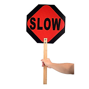 Kichwit Stop Slow Sign, 13" Double Sided Handheld Stop Sign, Street Slow Reflective Sign with Bamboo Handle, Aluminum
