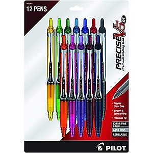 PILOT Pen 10364 Precise V5 RT Refillable & Retractable Liquid Ink Rolling Ball Pens, Extra Fine Point (0.5mm) Assorted Color Inks, 12-Pack
