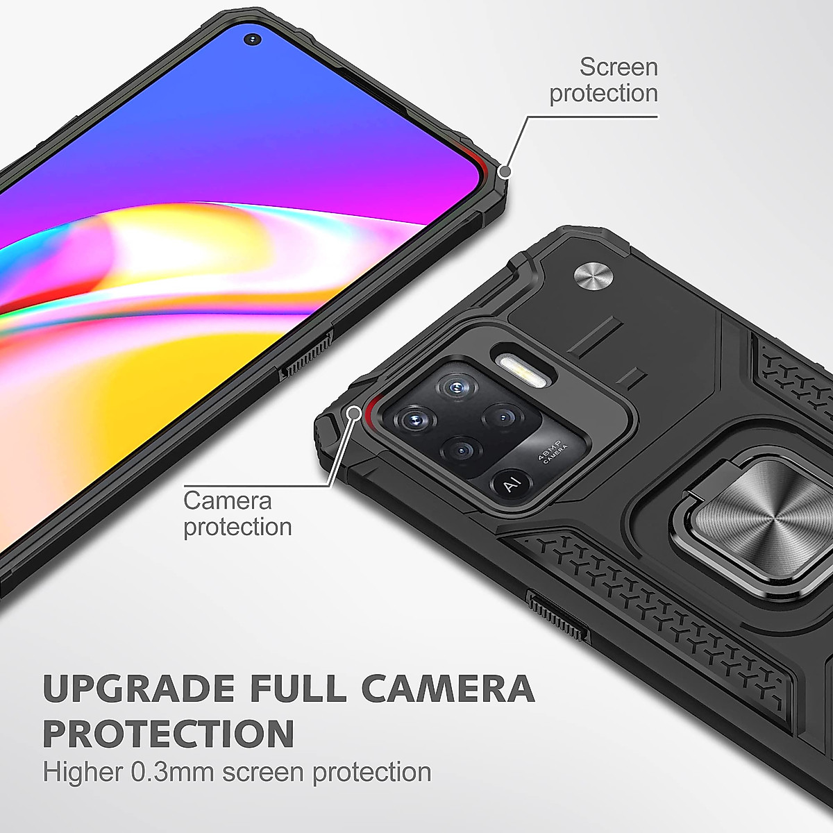 Chengmi ZMONE for Oppo Reno 5 LiteOppo A94 4G F19 Pro Case with Screen Protector 2 Pack Military Grade Heavy Duty Shockproof Case Cover with Magnetic Ring Kickstand Black