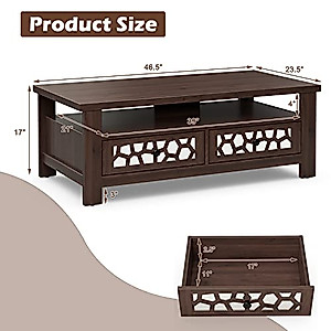 Giantex 3-Tier Coffee Table, 47" Rectangular Center Table w/Acrylic Mirror Design, Wooden Table w/Large Tabletop, Open Shelf, 2 Drawers & 5 Support Legs, Accent Living Room Furniture (Brown)