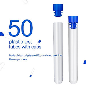 Teenitor 50 Pack Clear Plastic Test Tubes with Blue Caps, 13×78mm, Great for Halloween Party