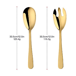 Mingcheng 12 Inches Stainless Steel Salad Server Sets with Salad Spoon and Fork, Cooking Utensils for Kitchen, Simple and Classic Dishwasher Safe(Gold)