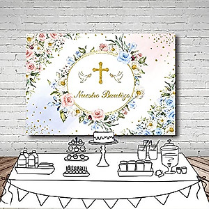 MEHOFOND 7x5ft Nuestro Bautizo Backdrop for Boys and Girls Pastel Pink Blue Floral Baptism First Holy Communion Photography Background Gold Cross Peace Doves Christening Photo Banner