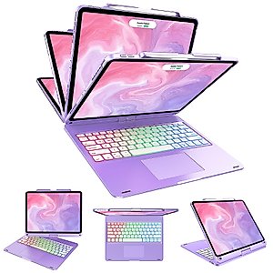 Swivel Wireless Keyboard Case for iPad Pro 12.9 (6th/5th/4th/3rd Gen), Rainbow Backlits & Multi-Touch Trackpad, Magic 360° Rotatable Protective Keyboard Cover with Pencil Holder, Thin & Light - Purple
