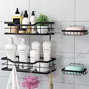 4 Pack Shower Caddy Basket Shelf with Soap Holder, No drilling Shower Organizer with 14 Hooks for Hanging Sponge, Towels or Razor, Rustproof Shower Shelves for Bathroom, Kitchen, Toilet, Power Room
