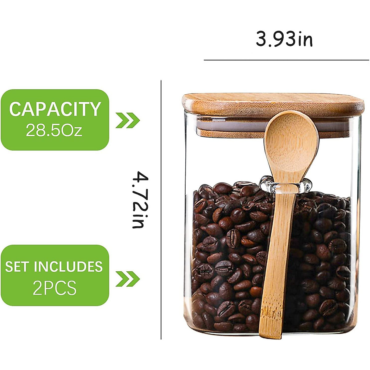 NEPIVEL 4 Pack Glass Jars with Bamboo Lids, 18.5Oz Containers Airtight Lid and Spoons,100% Sealed Spice for Candy Coffee Beans Sugar Nuts Cookies,540ml