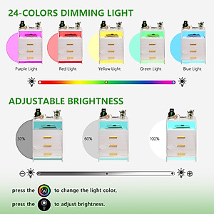 HNEBC RGB LED Nightstand with Wireless Charging Station, Smart Night Stand with 3 Drawers and Sliding Tray, Modern Bedside Table for Bedroom Furniture, High Gloss End Sofa Tables (White)