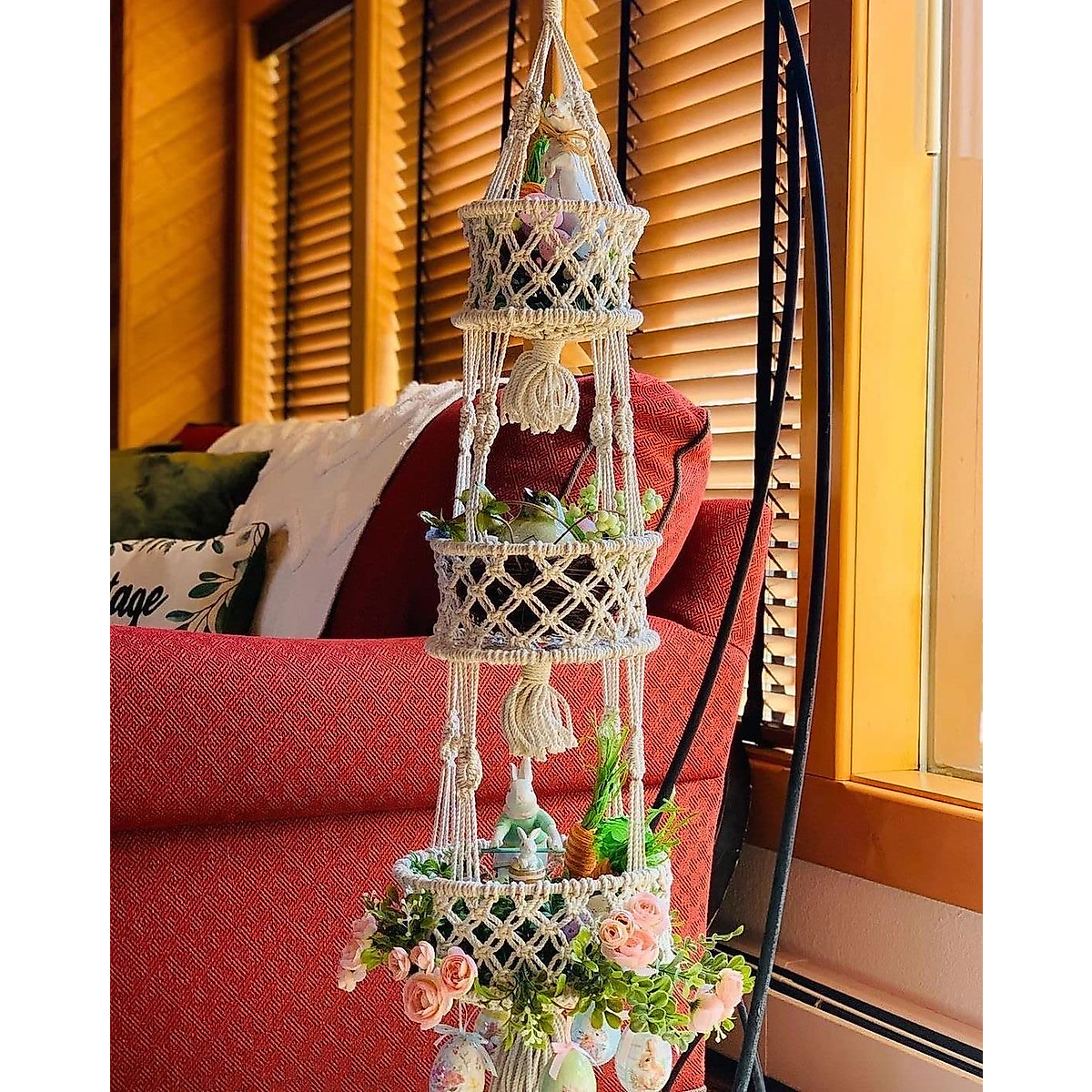 SnugLife Macrame 3 Tier Hanging Basket - Space Saving Hanging Fruit Basket for Kitchen or Decorative Boho Decor Hanging Plant Holder - Use for Produce Baskets, Indoor Planter Hangers, 42 Inches Beige