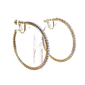 Clip-on Earrings Gold Tone Crystal Hoop Earrings 2 Inch Clip Hoop Earrings for Non Pierced Ears