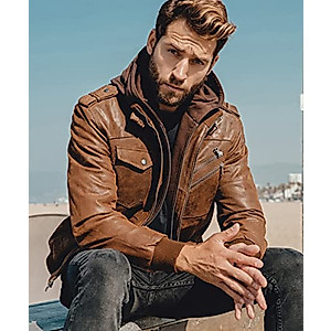 FLAVOR Men Brown Leather Motorcycle Jacket with Removable Hood (Large (US standard), Brown)