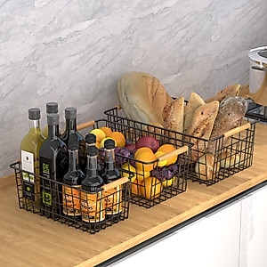 YOUVIP Wire Storage Baskets with Wooden Handles, 3 Pack Metal Organizer Baskets for Kitchen, Pantry, Freezer, Laundry,Farmhouse,Bathroom Baskets for Organizing,Black (1 Small, 1 Medium, 1 Large)