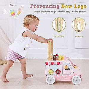labebe Wooden Baby Walker with Wheels for Girls 12 Months, Baby Push Walker for 1 Year Old Sit to Stand Walker for Baby Girl/Boy, Ice Cream Cart for Kids Age 1-3Y, Toddler Pretend Play Dessert Truck