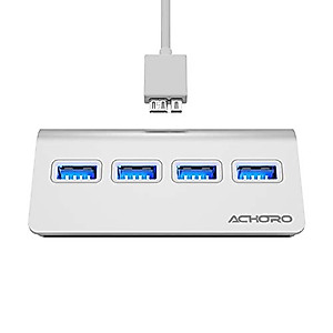 Achoro Premium Quality Computer USB Port Expander – 4 Ports Portable USB Hub - Compatible with MacBook, Windows, iMac, Hard Drive, and PC – High-Speed 3.0 USB HUB (Silver)