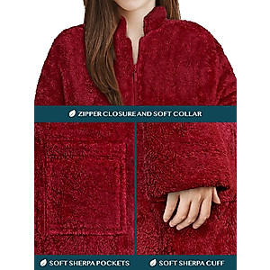 PAVILIA Womens Housecoat Zip Robe, Sherpa Zip Up Front Robe Bathrobe, Fuzzy Warm Zipper House Coat Lounger for Women Ladies Elderly with Pockets, Fluffy Fleece Long - Wine Red (Large/X-Large)
