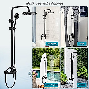 gotonovo SUS304 Outdoor Shower Fixture System Combo Faucet Set Single Handle High Pressure Hand Spray Wall Mount 2 Dual Function Matte Black Rainfall Shower Fixture