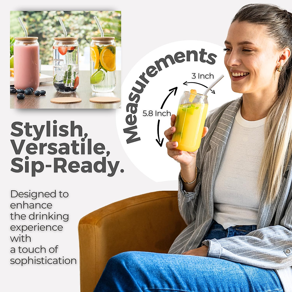 Scoozee Glass Cups with Lids and Straws (Set of 4, 16 oz) - Glass Tumbler with Straw and Lid, Can Shaped Drinking Glasses, Iced Coffee Cup, Beer Glasses - Aesthetic Cute Coffee Bar Gift