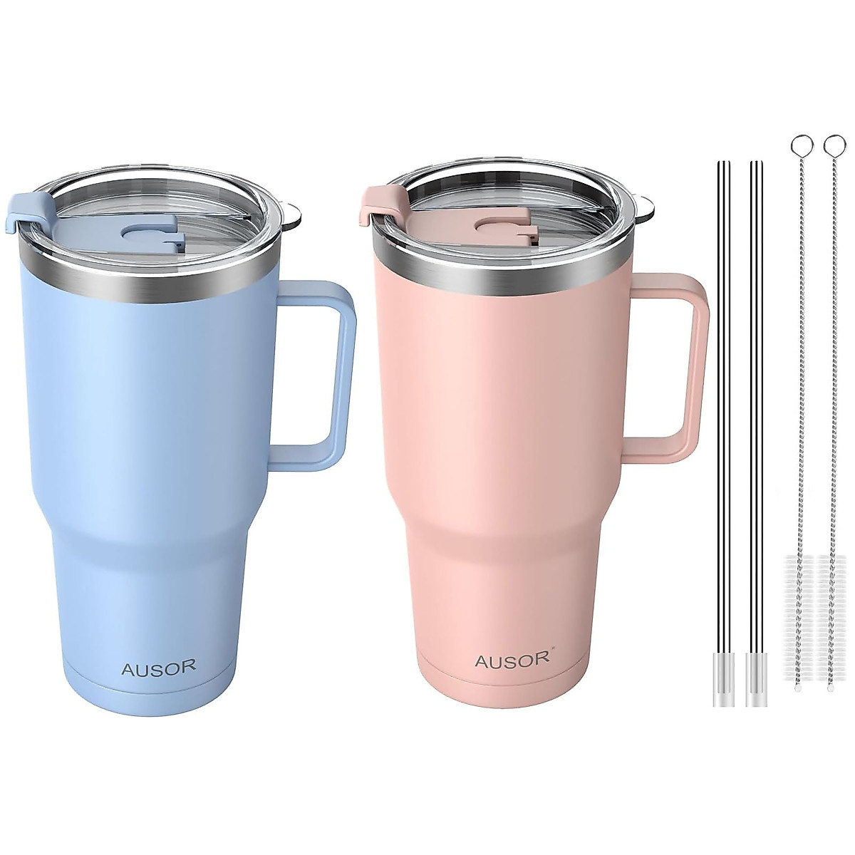 AUSOR 30 oz Tumbler with Lid and Straw,Water Bottle,Insulated Tumbler for Hot & Cold, Blue & Pink