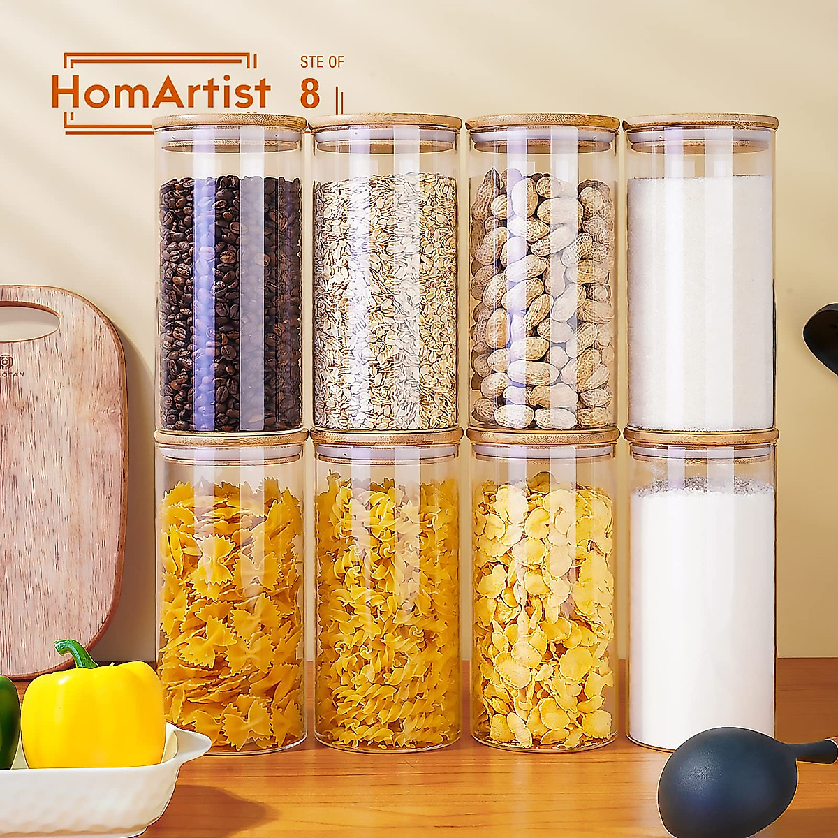 HomArtist Glass Jars with Bamboo Lids 34 FL OZ [Set of 8], Glass Canisters with Airtight Lids, Glass Food Storage Containers for Pasta, Oats, Coffee, Flour, Sugar, Rice, Best for Kitchen & Pantry