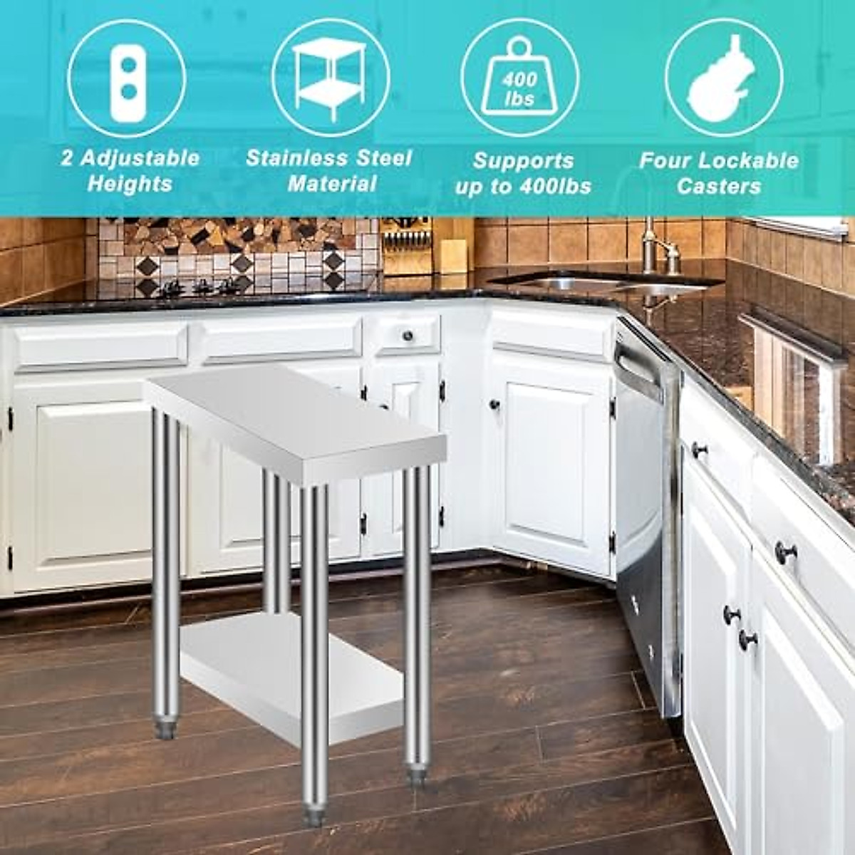 ATMTV Stainless Steel Table for Prep & Work 24x18 Inches, NSF Metal Commercial Kitchen Table with Adjustable Under Shelf and Foot for for Restaurant, Warehouse, Home, Kitchen, Garage