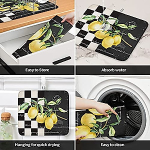 Dish Drying Mats Yellow Lemon Fresh Fruit Farm Absorbent Fast-Drying Kitchen Dishes Pad Black White Plaid Dish Draining Mat Washable Dish Drainer Rack Mats for Kitchen Counter 16x18 Inch