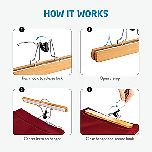 High-Grade Wooden Pants Hangers with Clips 10 Pack Non Slip Skirt Hangers, Smooth Finish Solid Wood Jeans/Slack Hanger with 360° Swivel Hook - Pants Clip Hangers for Skirts, Slacks - Clamp Hangers