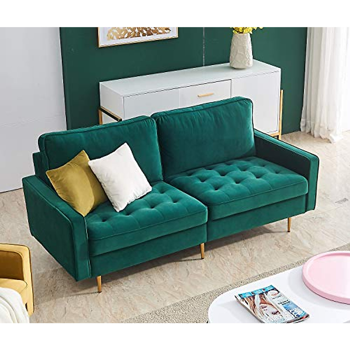 Rhomtree Mid Century Sofa Velvet Fabric Upholster Couch 71” Modern Sectional Futon Bench Loveseat Living Room Sofa with 2 Throw Pillows (Green)