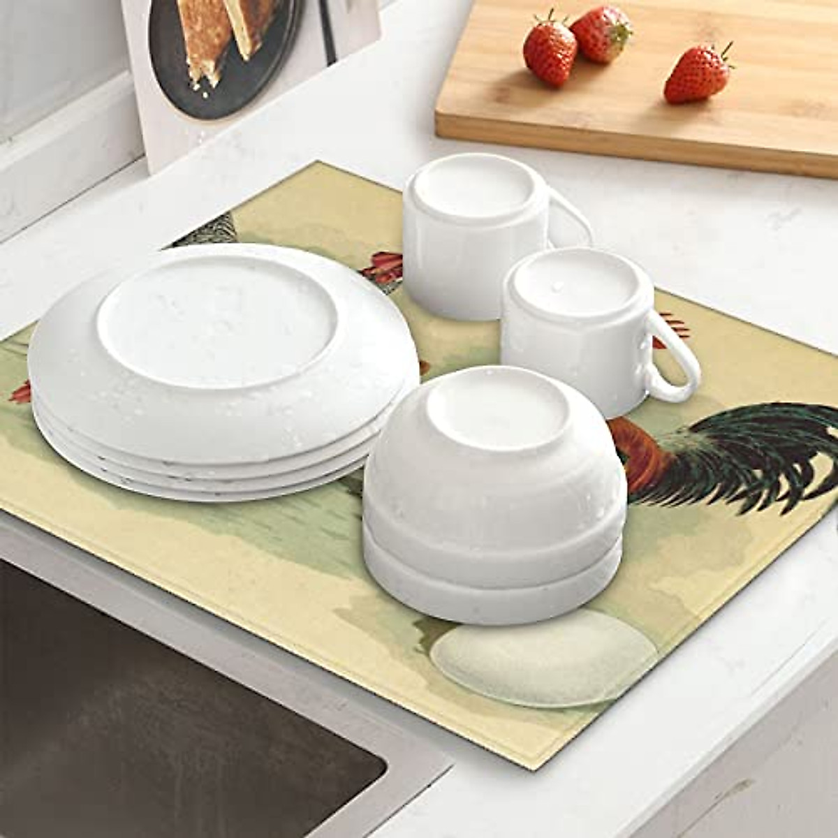 Italian Chickens Printed Drying Mat For Kitchen Ultra Absorbent Microfiber Dishes Drainer Mats Non-Slip Silicone Quick Dry Pad - 18 X 16inch