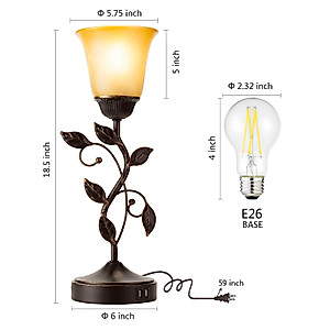 Touch Control Table Lamp with 2 USB Charging Ports, 3-Way Dimmable Bedside Nightstand Lamps, Amber Glass Shade Vintage Rural Leaf Lamp for Living Room, Bedroom, Dresser, LED Bulb Included (Bronze)