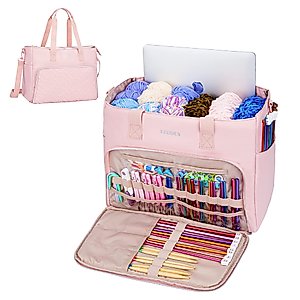 Leudes Crochet Tote Bag, Knitting Bag Fits 15.6 Inch Laptop Yarn Storage Organizer Large Yarn Holder Hook Case for Knitting & Crochet Supplies (Pink)