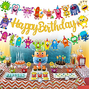 Monster Happy Birthday Banner Monster Bash Birthday Party Supplies Glitter Little Monster Birthday Banner Decorations for Kids Little Monster Theme Birthday Party Baby Shower Birthday Banner Supplies