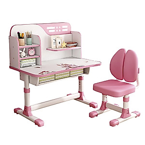 Small Desk, Standing Desk, Desk Chair Set, Height Adjustable Children School Study Table Chair Set with Astronaut Pattern, Ergonomic Desk Chair with Large Writing Board, Bookshelf and Drawer (Pink)