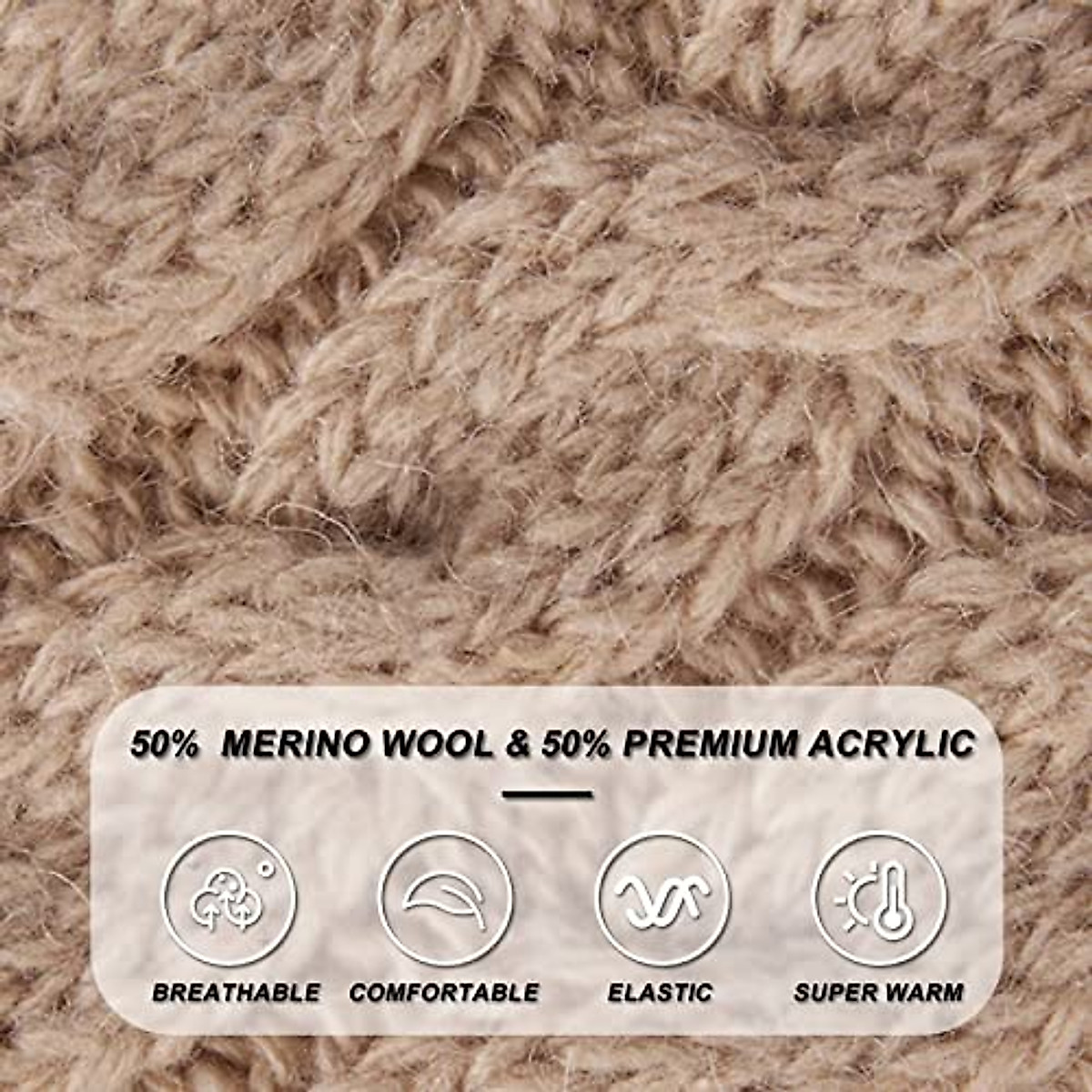 Mittens for Women Cold Weather, Womens Mittens Merino Wool Cable Knit Warm with Thick Thermal Fleece Lined, Winter Gloves with Touchscreen Fingers Anti-Slip(Khaki)