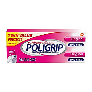 Super Poligrip Original Formula Zinc Free Denture and Partials Adhesive Cream, 2.4 ounce (Twin Pack)