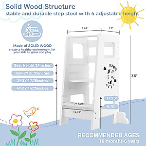 Kids Step Stool Toddler Learning Tower Solid Wood Kids Learning Stool, Kids' Standing Tower, Baby Standing Tower for Counter, Children Standing Stool - White
