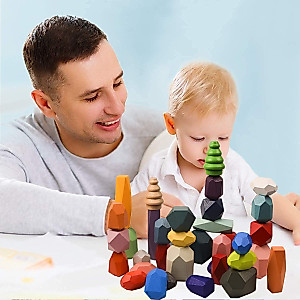 Ghims Kids Stacking Toys, 36 PCS Wooden Stacking Toys, Montessori Stacking Toys for Toddles, Balancing Stone Rocks Building Blocks Educational Preschool Toys, Colorful Game Lightweight Puzzle Set