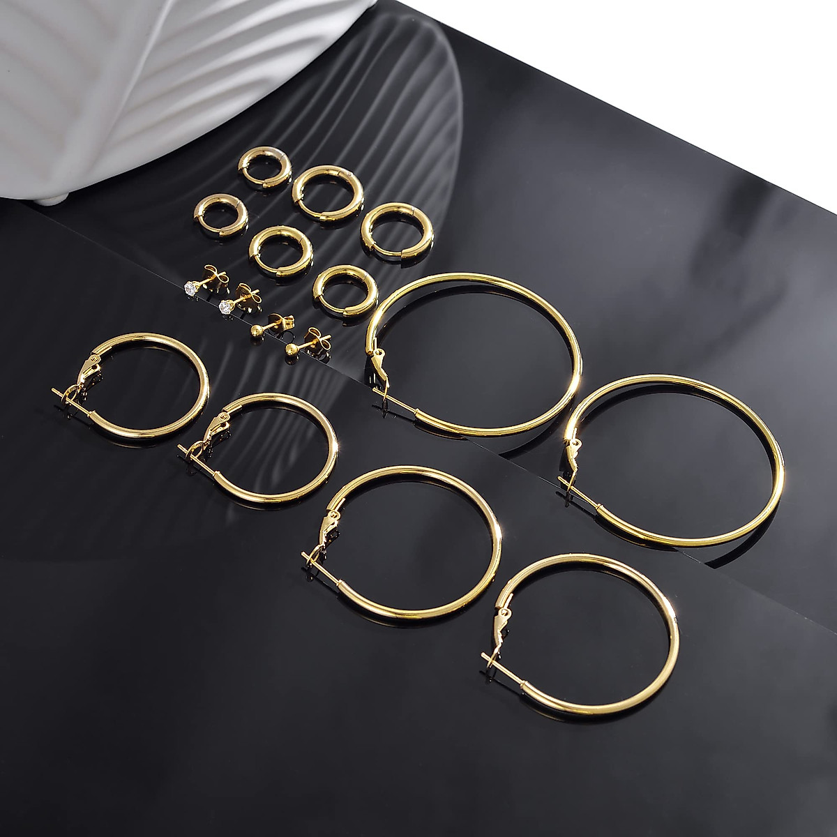8 Pairs Stainless Steel Gold Hoop Earrings Huggie Cuff Earrings Sets for Multiple Piercing Hoops and Studs Earrings Set Cartilage Small CZ Earrings Ball Earrings Set for Women
