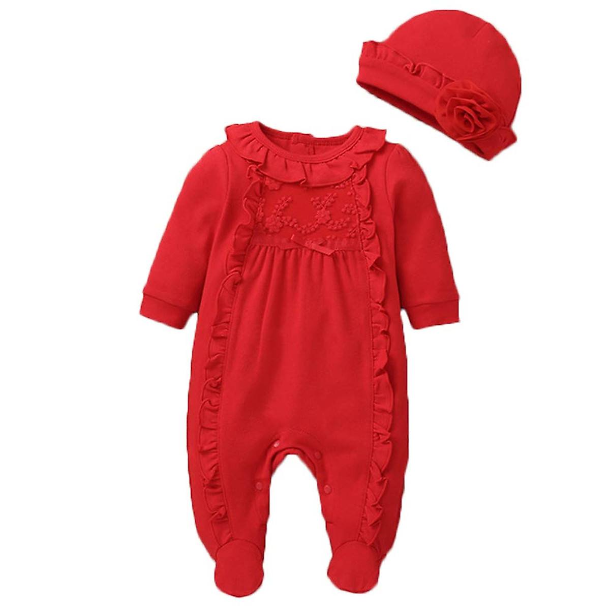 Infant Baby Girl Ruffled Cotton Footies Footed Overall Romper with Hat Toddler Baby Footed Jumpsuit (Red, 0-3M)