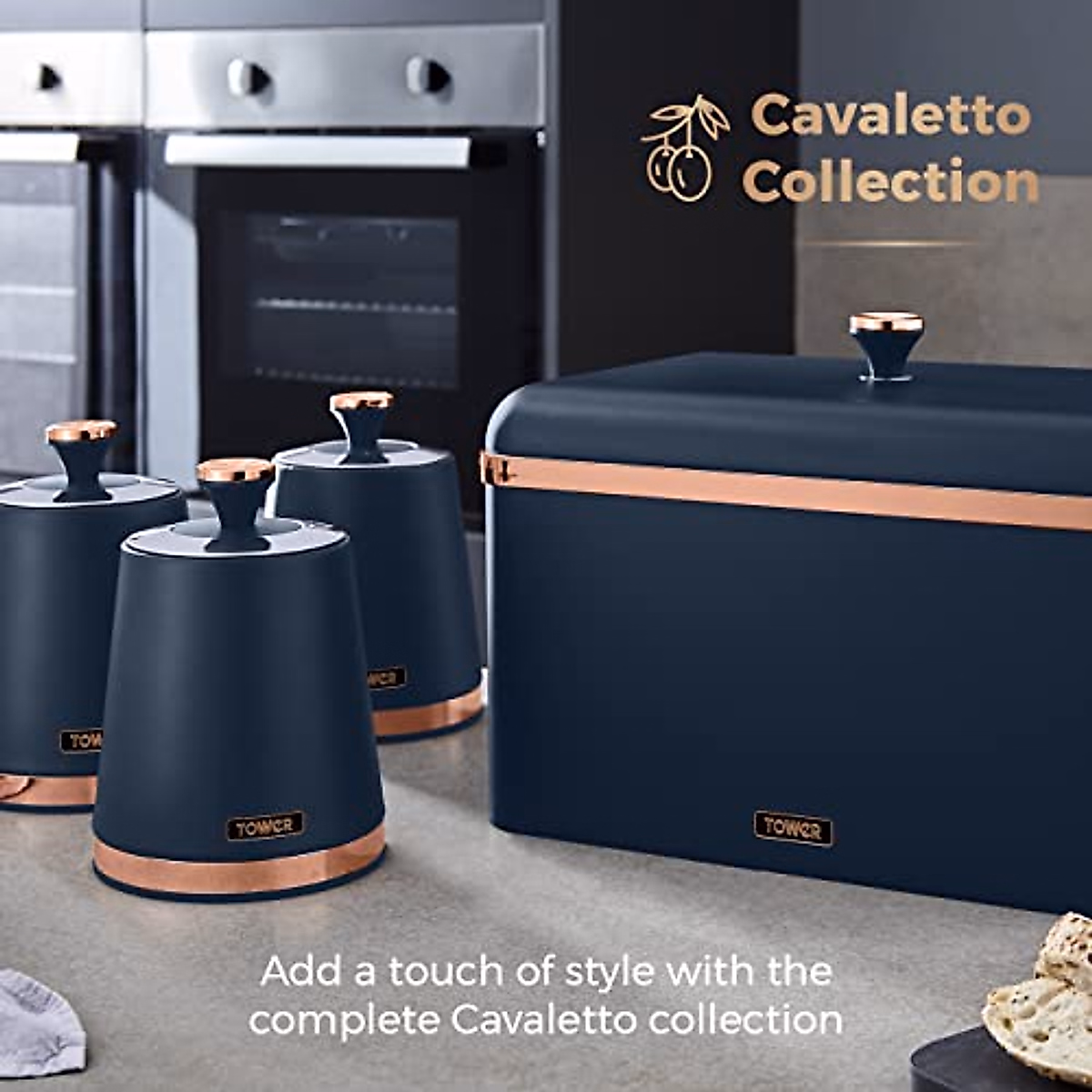 Tower T826131MNB Cavaletto Set of 3 Storage Canisters for Tea/Coffee/Sugar, Steel, Midnight Blue and Rose Gold