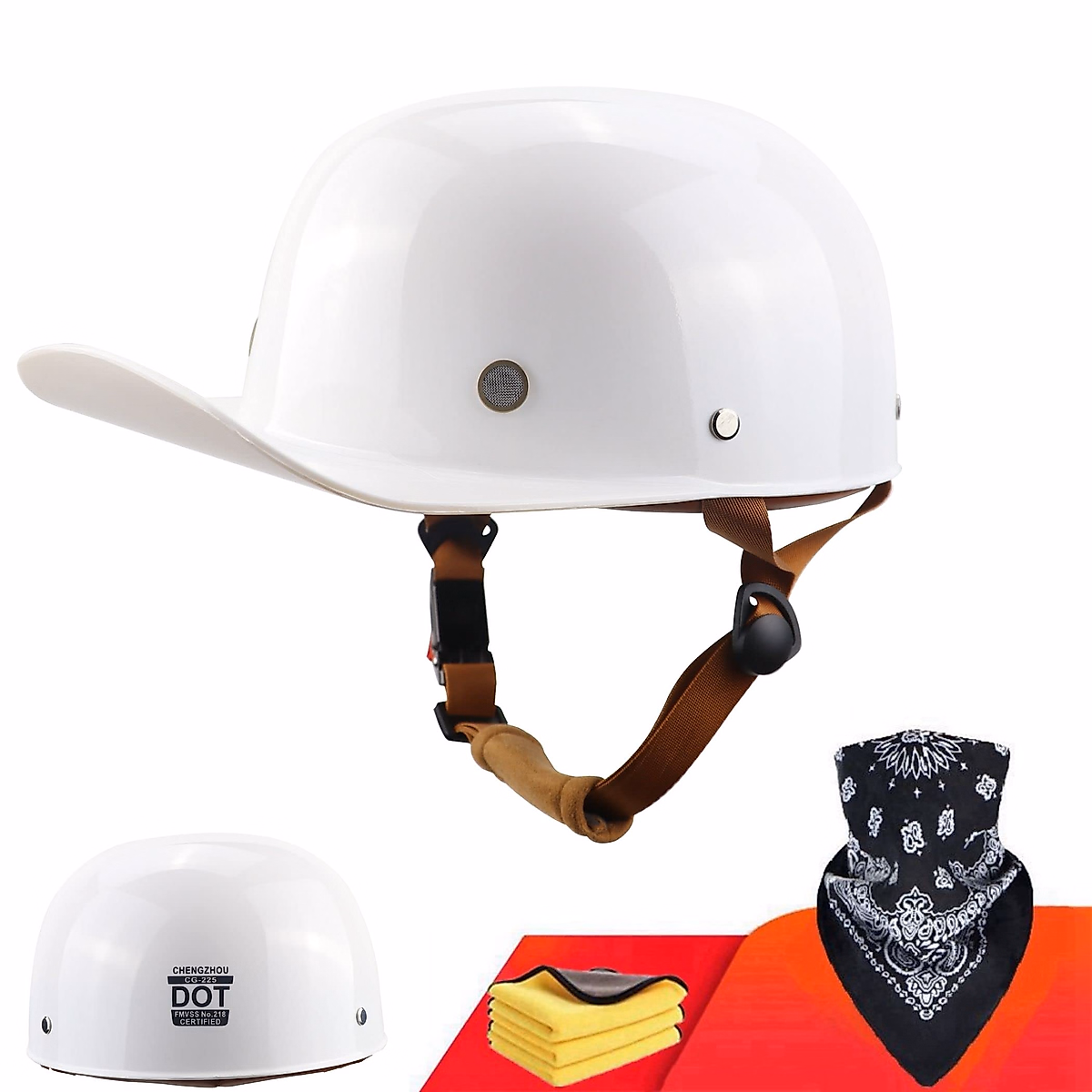 WYFDC DOT Certified - Baseball Cap Style Retro Motorcycle Helmet Unisex-Adult for Moped Cap Jet Scooter Street Cruiser with Mask Towel (L,White)