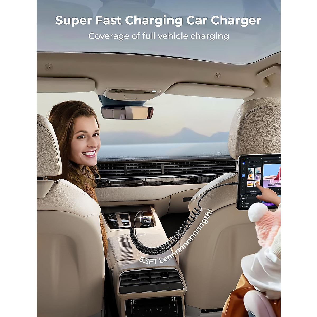 USB C Car Charger, 60W Super Fast Car Charger Adapter with 5ft 30W Type C Coiled Cable, Car Phone Charger Adapter for iPhone 15 Pro Max, Samsung Galaxy S24/S23, Google Pixel, iPad Pro…