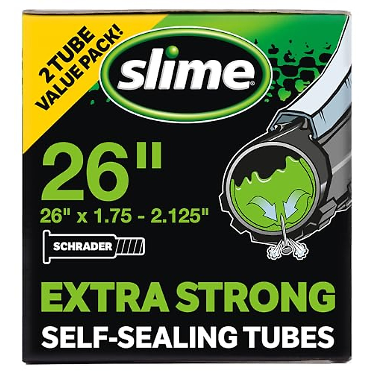 Slime 30074 Bike Inner Tubes with Slime Puncture Sealant, Extra Strong, Self Sealing, Prevent and Repair, Schrader Valve, 26"x1.75-2.125", Value 2-Pack