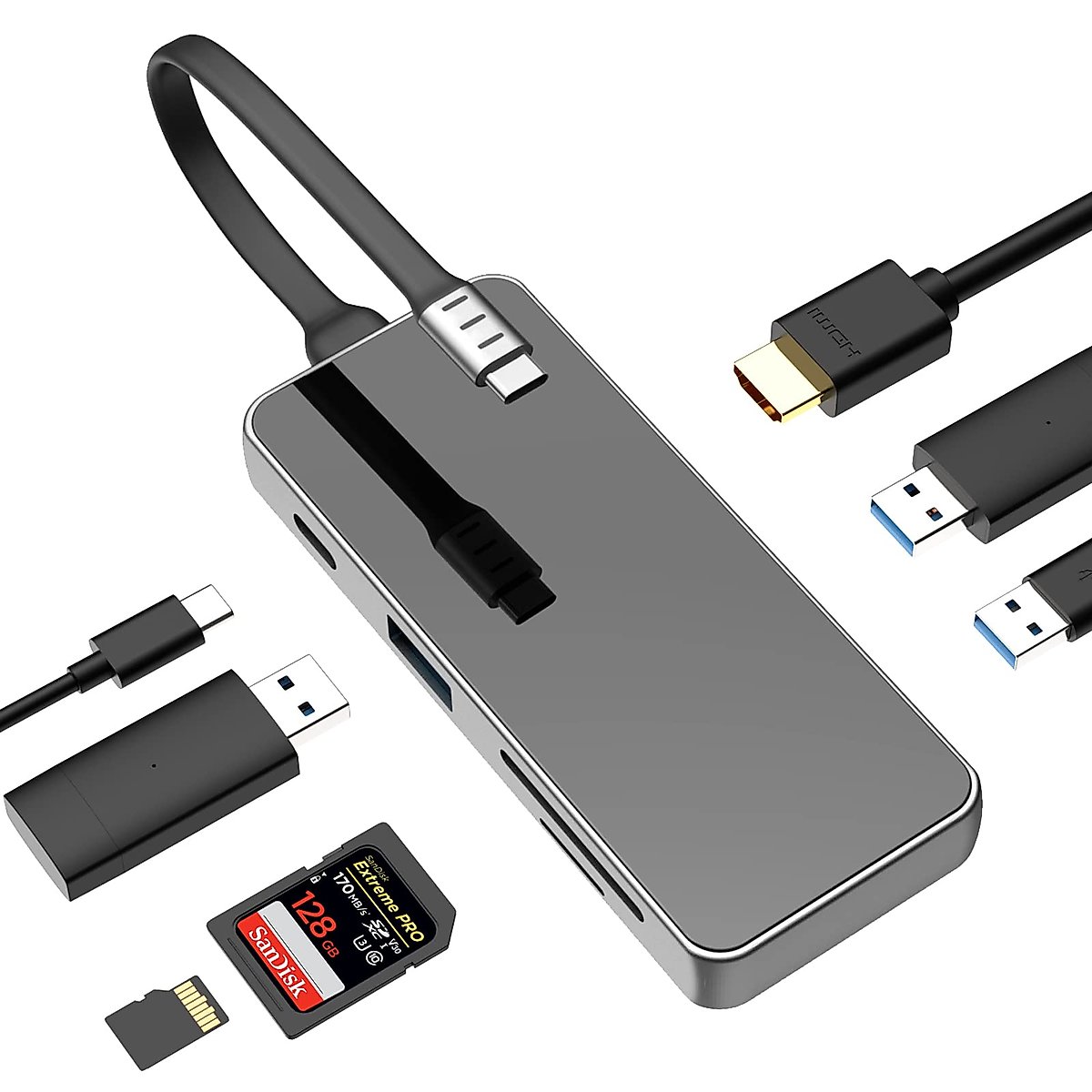 USB C Hub, 4K@60Hz HDMI USB C Docking Station, 7 in 1 USB Hub with 3 USB-A 5Gbps, PD 100W, TF/SD Card Reader, USB C Adapter Compatible for iPhone 15/Mac/Dell/Acer/HP/ASUS/Steam Deck/Rog Ally