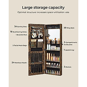SONGMICS Jewelry Cabinet Armoire, Wall/Door Mount Storage Organizer with Full-Length Mirror, Lockable Cabinet with Built-in Small Mirror, Shelves, Gift Idea, Rustic Brown UJJC003X01