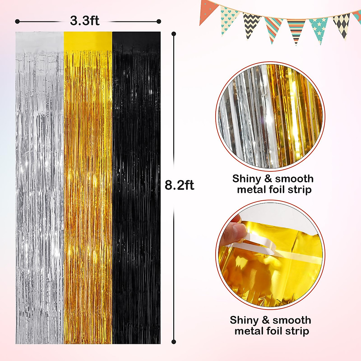 Black Gold Silver Metallic Tinsel Foil Fringe Curtains, 2 Pack 3.3x8.3 Feet Streamer Backdrop Curtains for Birthday Party Decorations, Halloween Decor, Foil Curtain Backdrop for Bachelorette Party