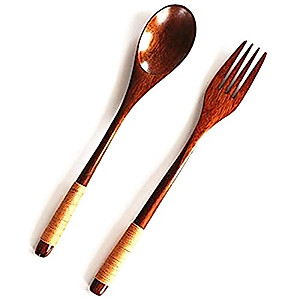 8 Pcs Wooden 9 inch Japanese Spoon Fork Set Including Wooden Spoons and Wooden Forks Japanese Wooden Utensil Set Reusable Handmade Natural Wood Flatware Set for Cooking Stirring Eating